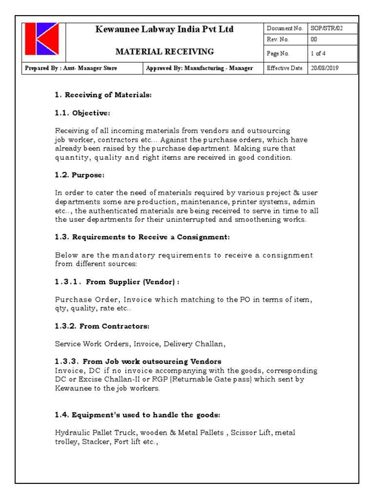SOP Material Reciving | PDF | Invoice | Receipt