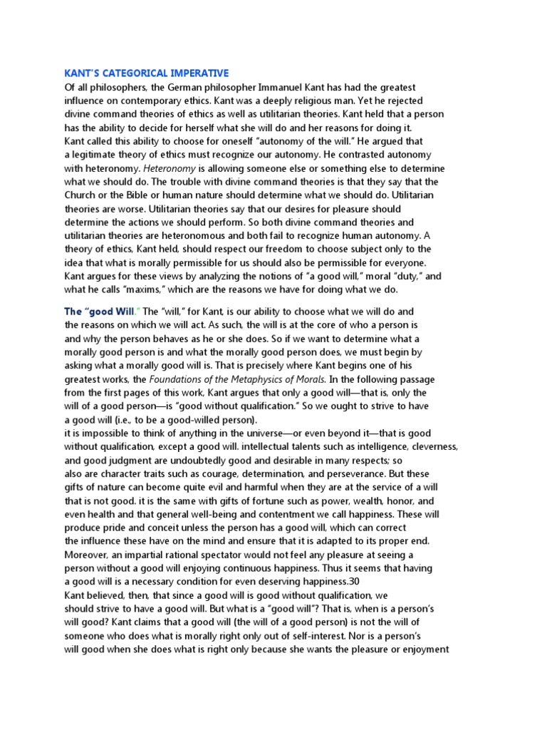Kant'S Categorical Imperative: The "Good Will | PDF | Autonomy | Immanuel Kant