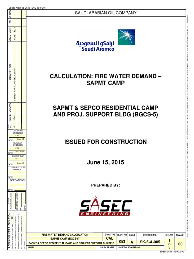 Saudi Aramco Fire Water Demand Calculation | PDF | Hydraulic ...