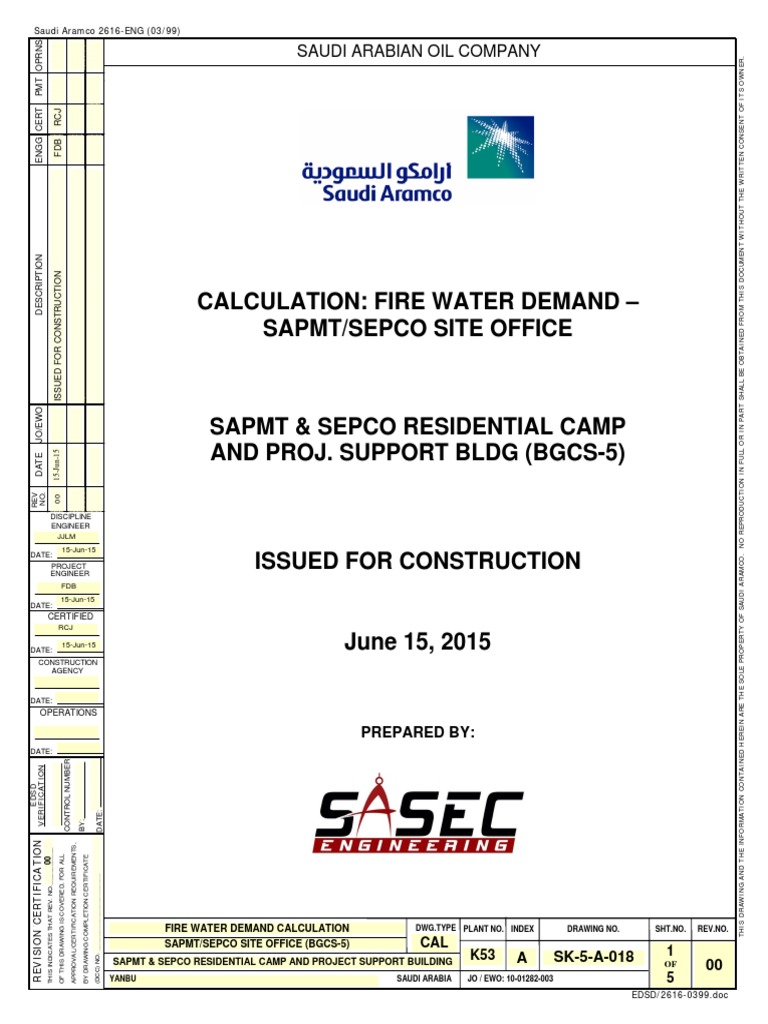 Calculation: Fire Water Demand - Sapmt/Sepco Site Office: Saudi Arabian ...