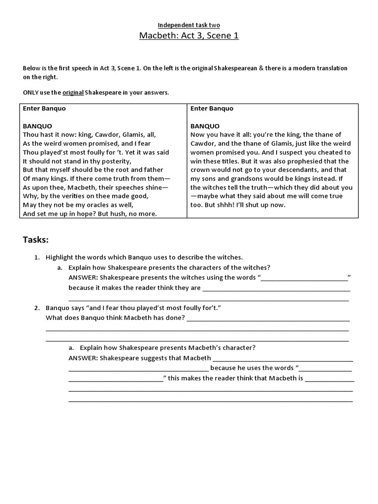 Macbeth Independent Task 2 | PDF | Macbeth | Shakespearean Tragedies