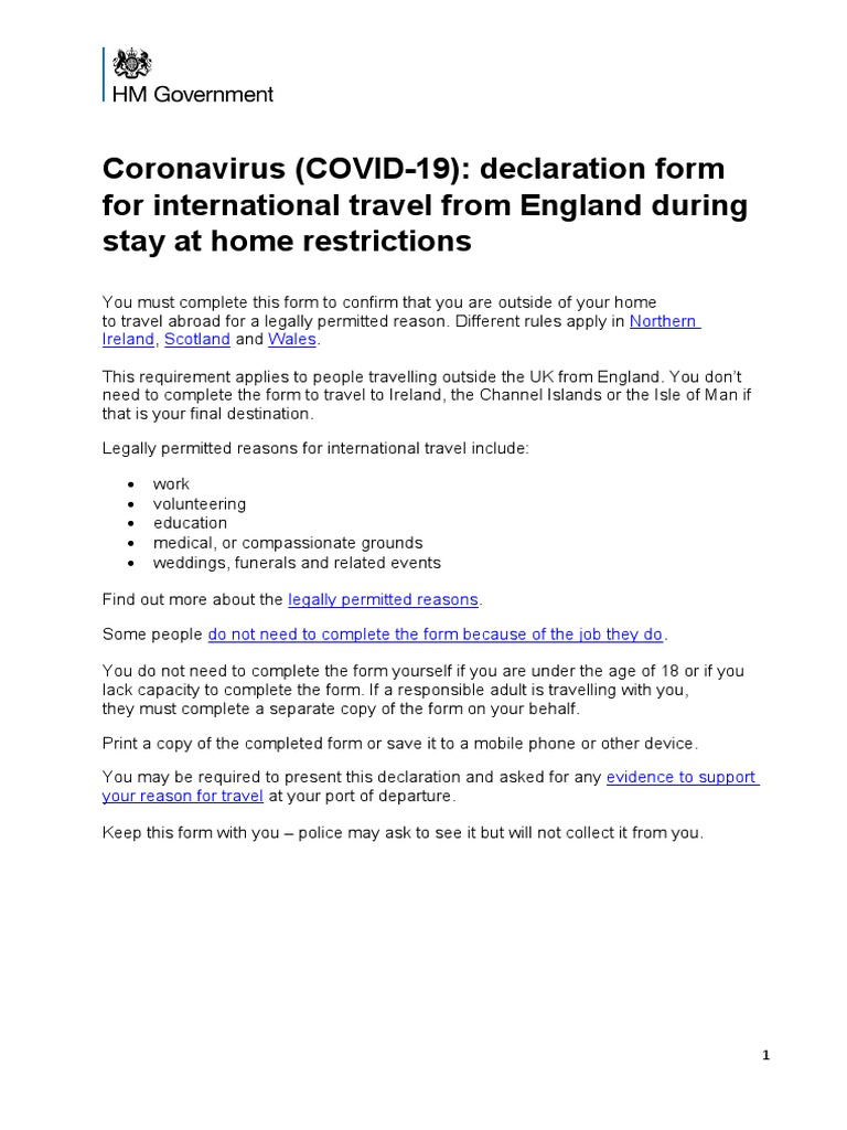 Coronavirus (COVID-19) : Declaration Form For International Travel From ...