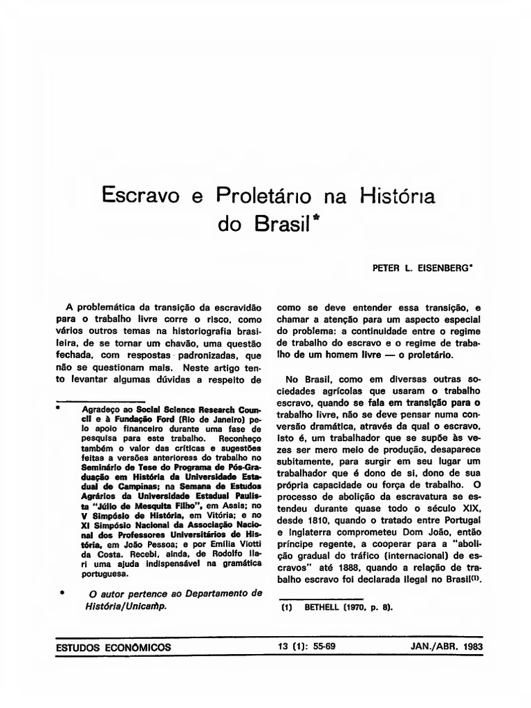 Escravo e Proletário Na História Do Brasil - Peter Louis Eisenberg ... Escravo e Proletário Na História Do Brasil - Peter Louis Eisenberg ...
