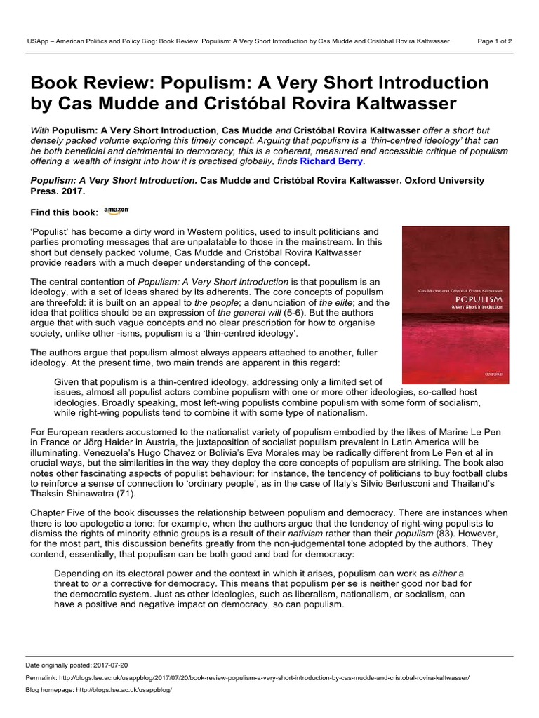 Book Review: Populism: A Very Short Introduction by Cas Mudde and ...