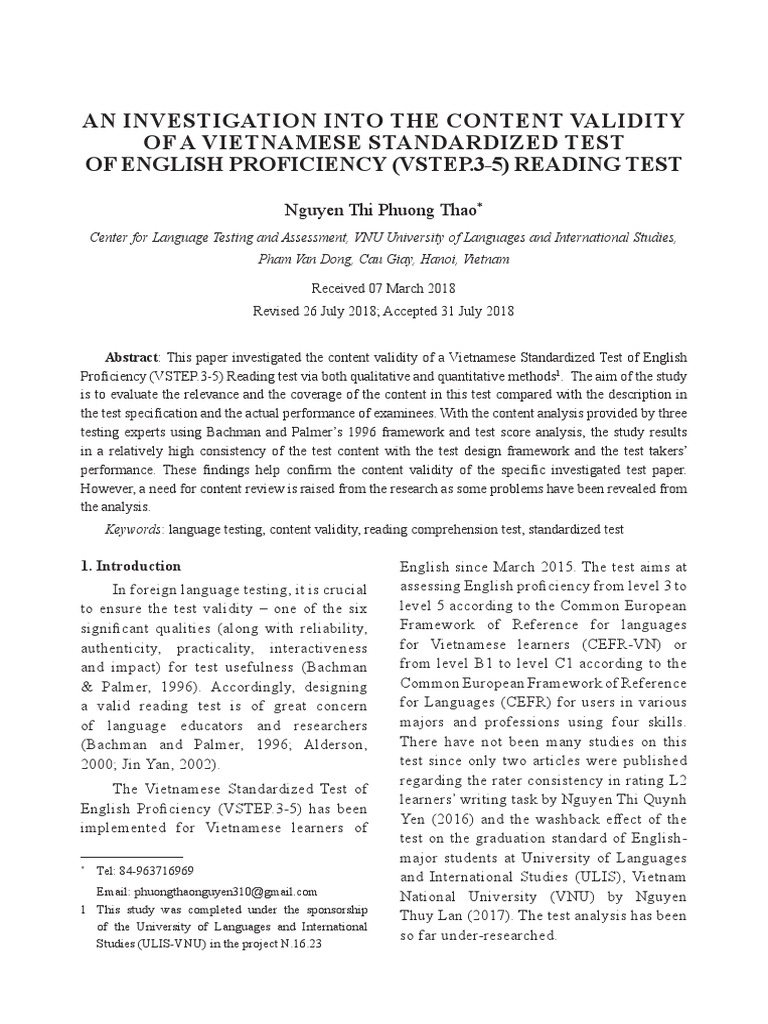 An Investigation Into The Content Validity of A Vietnamese Standardized ...