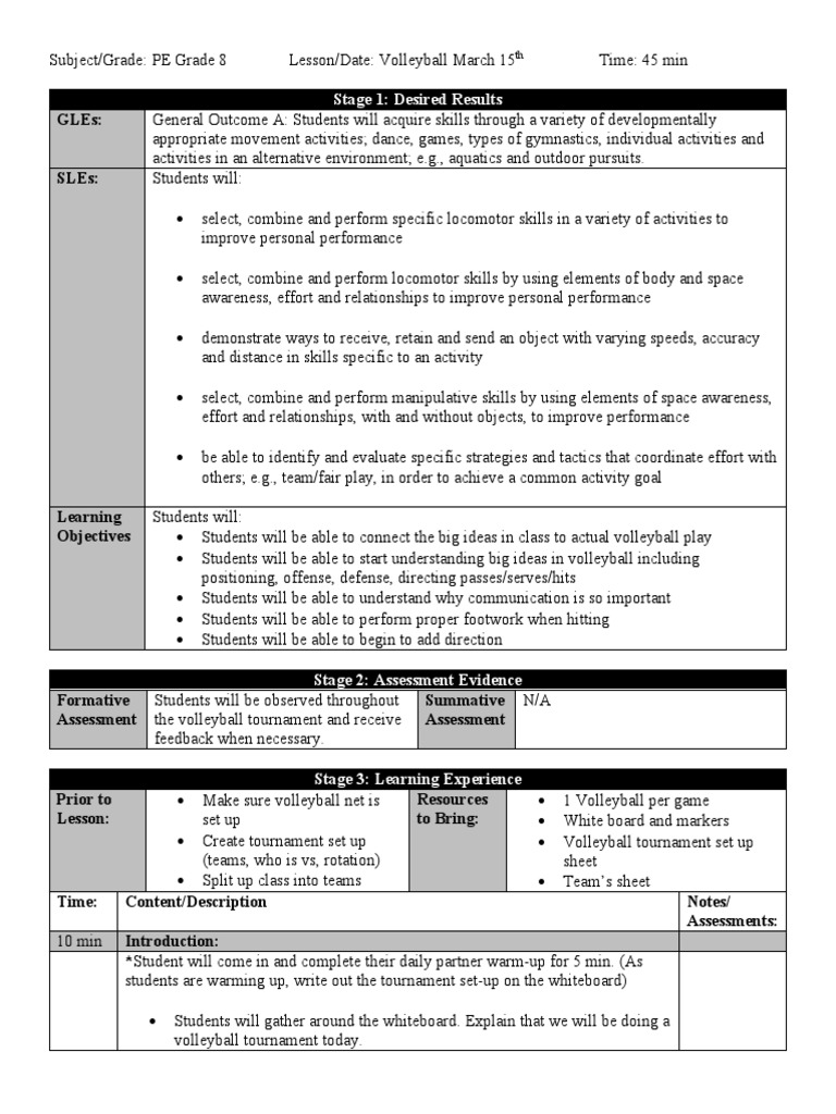 Grade 8 Volleyball Tournament Lesson Plan | PDF | Volleyball ...