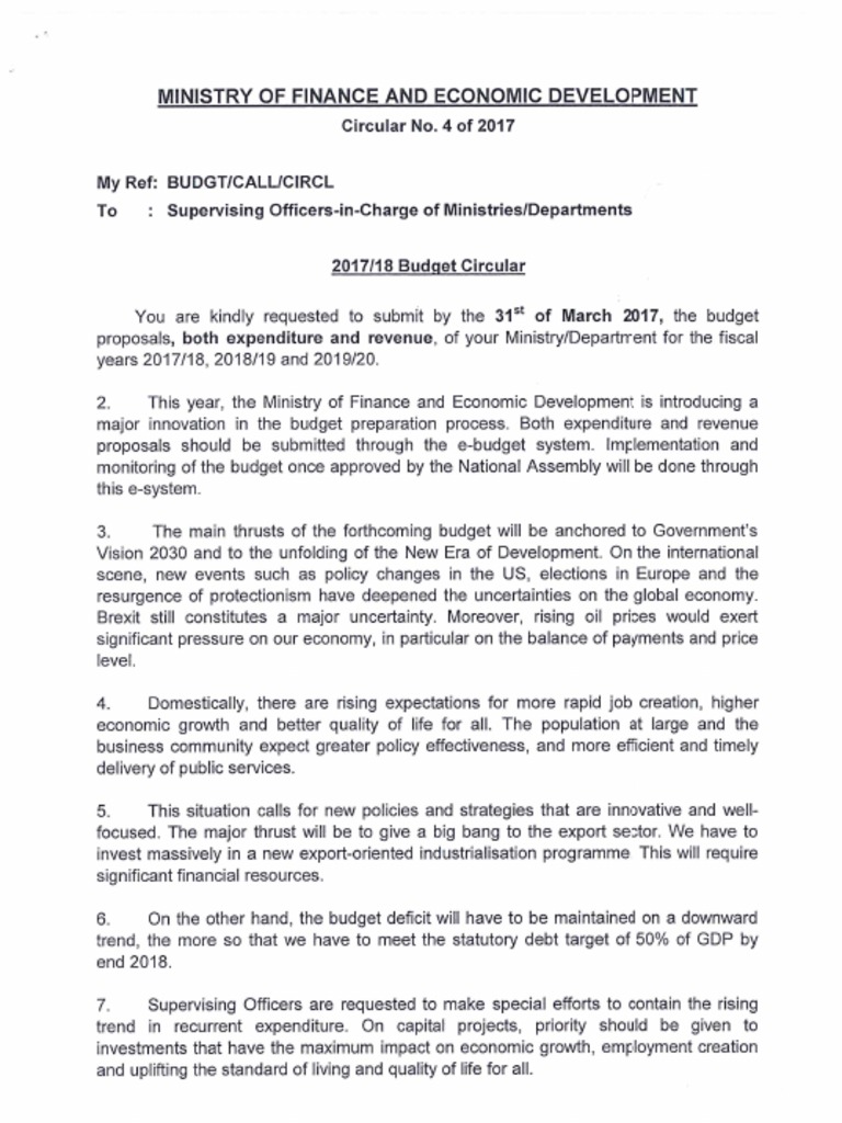 Circular No.4 of 2017 - Budget Circular | PDF