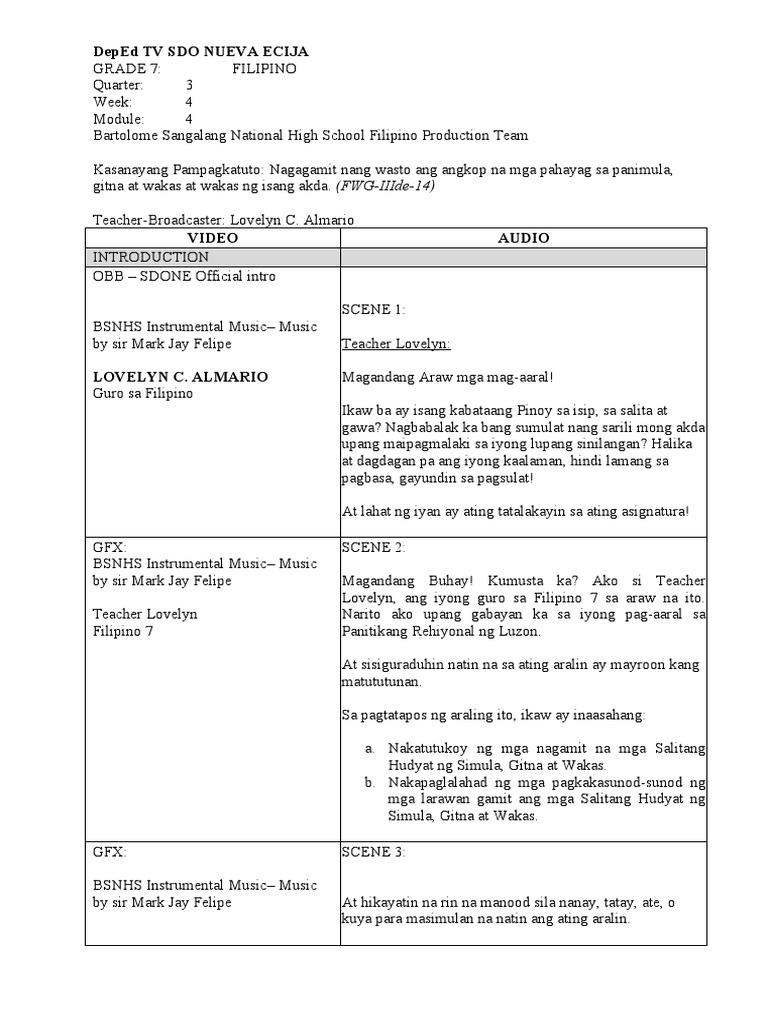 BSNHS Filipino Production Team | PDF