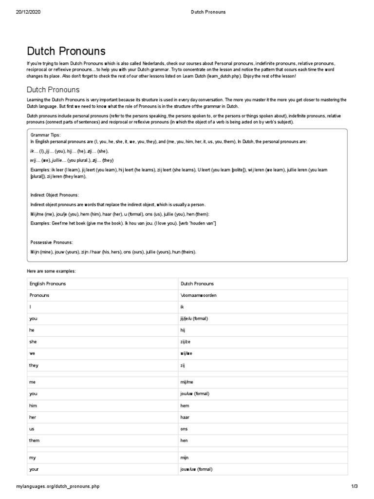 Dutch Pronouns | Download Free PDF | Pronoun | English Language