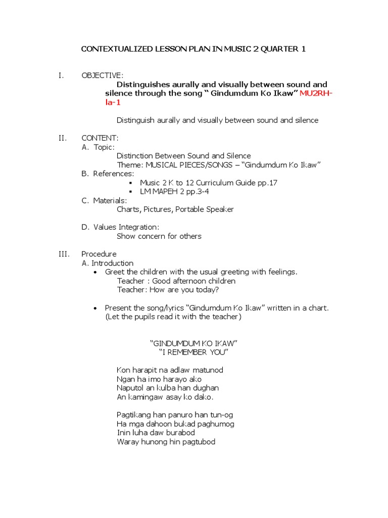 Contextualized Lesson Plan in Music 2 Quarter 1 | PDF | Education ...