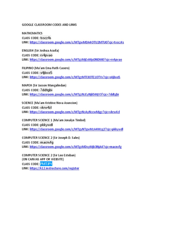 Google Classroom Codes and Links | PDF