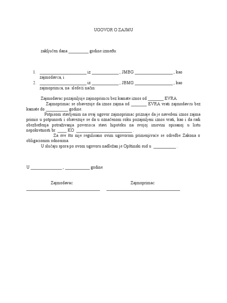 Obrasci Ugovora o Pozajmici | PDF