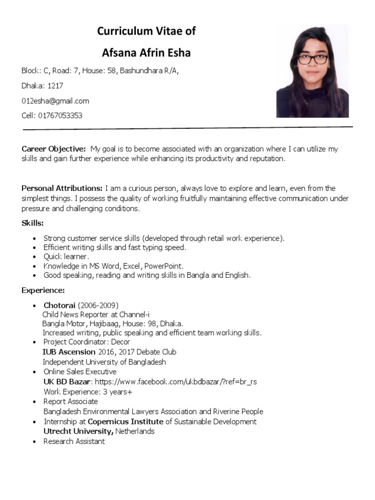 Curriculum Vitae of Afsana Afrin Esha | PDF | Bangladesh | University