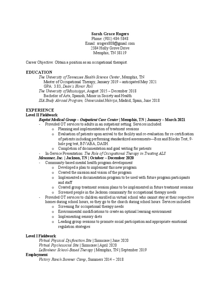 Sarah Grace Rogers Resume | PDF | Occupational Therapy | Health Care