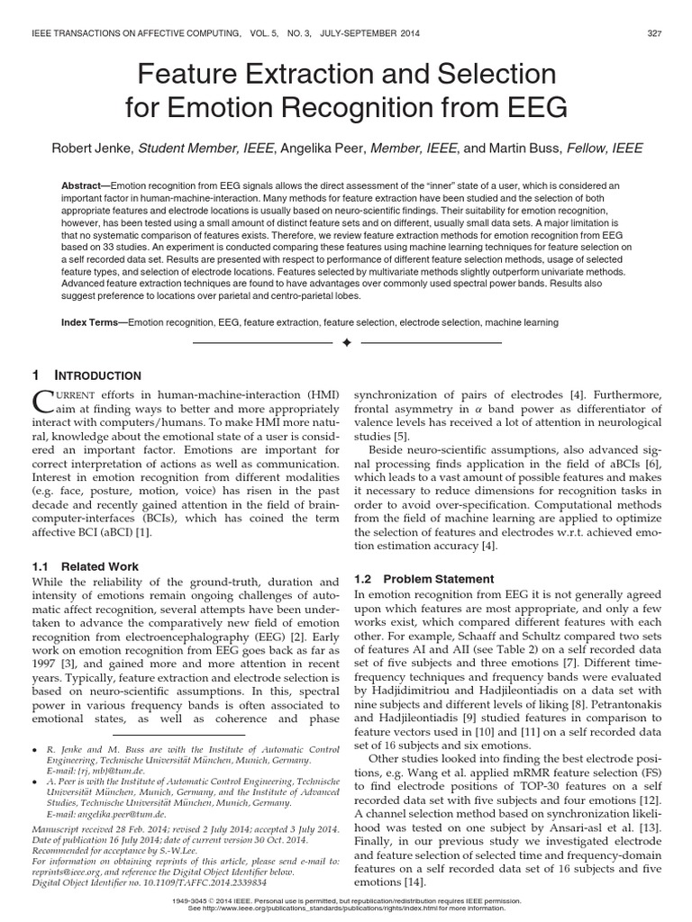 Feature Extraction and Selection For Emotion Recognition From EEG | PDF ...