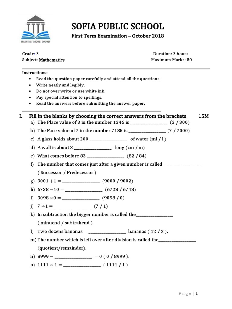 Grade 3 Term Examination Mathematics Paper | PDF | Subtraction | Number ...