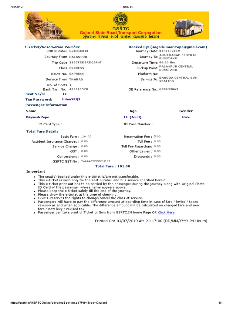GSRTC Ticket | PDF | Fare | Identity Document