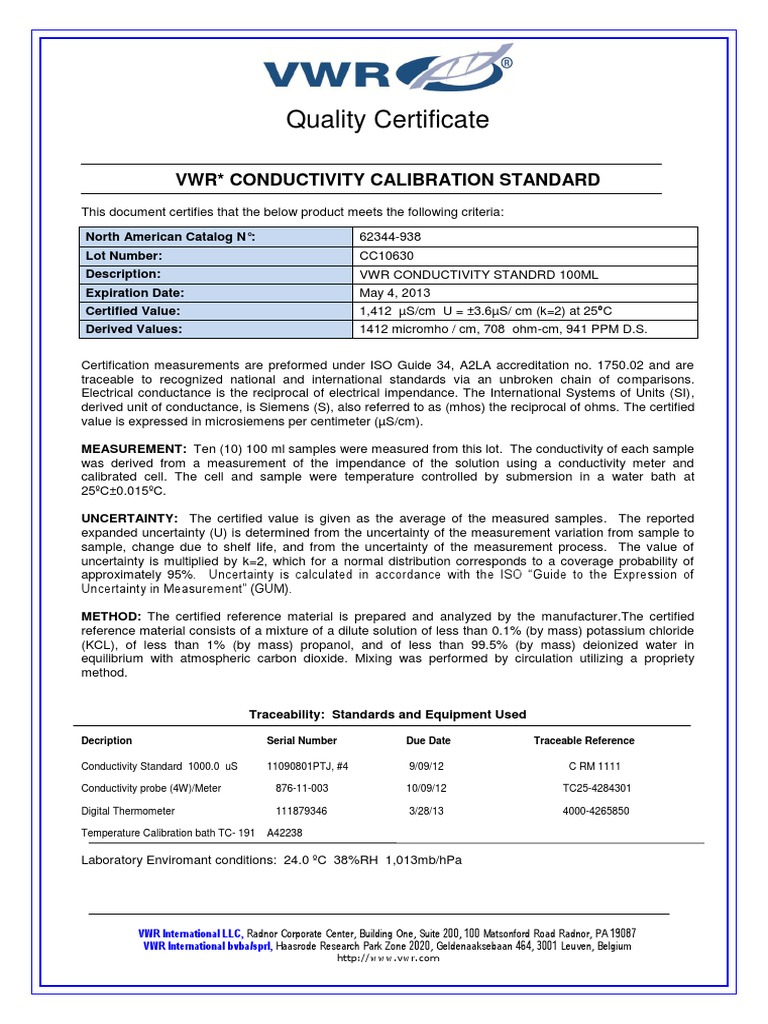Quality Certificate: VWR Conductivity Calibration Standard | PDF