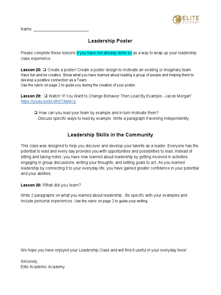 Leadership Class Poster Project Guide | PDF | Career & Growth