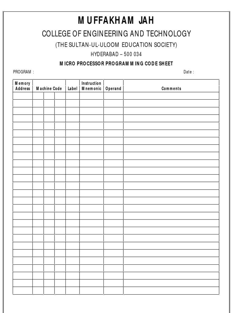 Microprocessor Programming Code Sheet | PDF