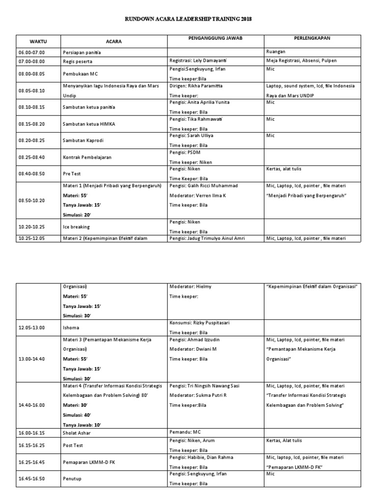 Susunan Acara Leadership Training 2017 | PDF