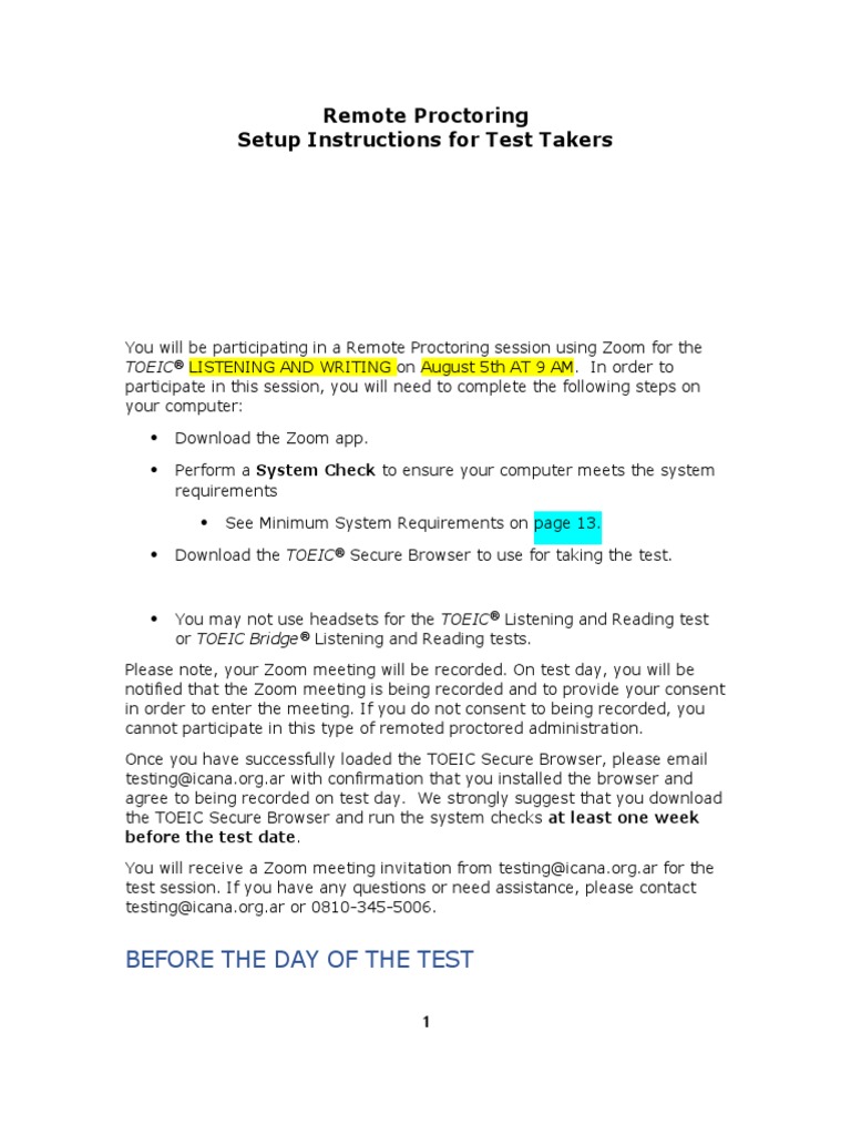 Remote Proctoring Setup For Test Takers Toeic Final 5 14 Lr Pdf