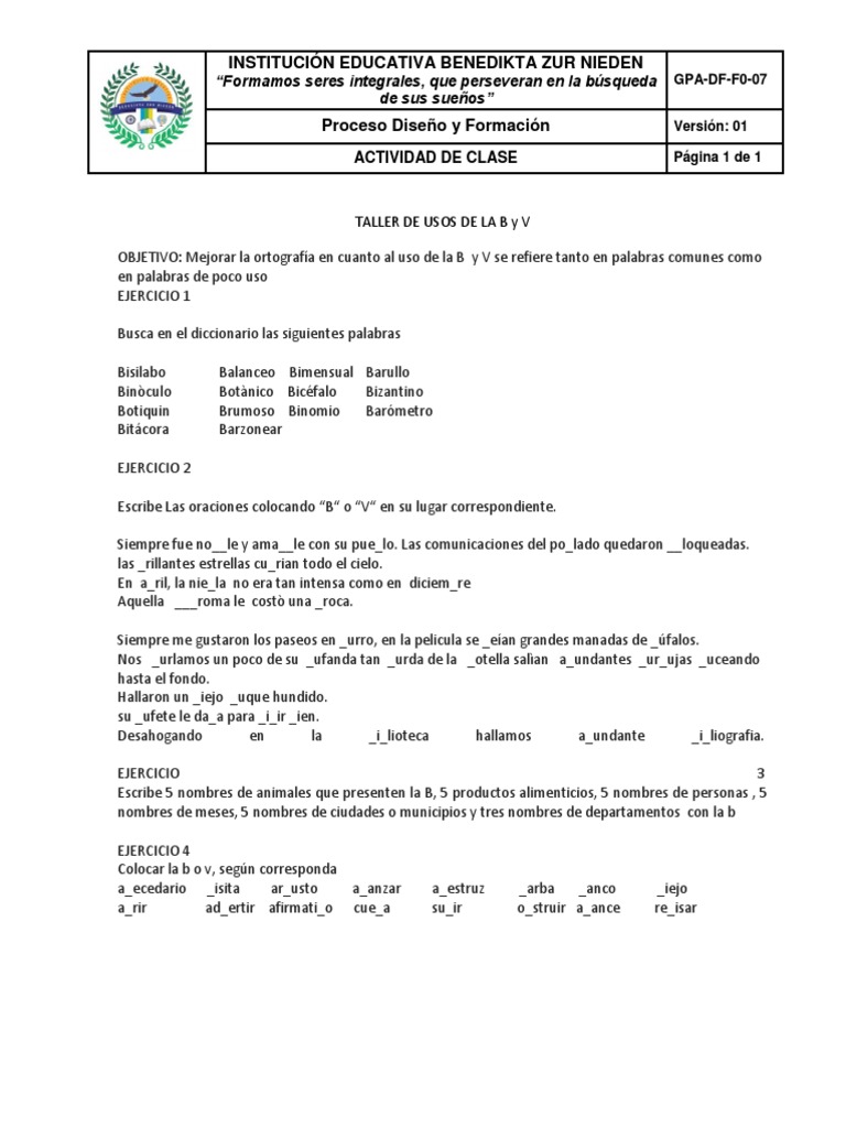 Taller de Ortografía: Uso de B y V | PDF | Artes del Lenguaje y ...