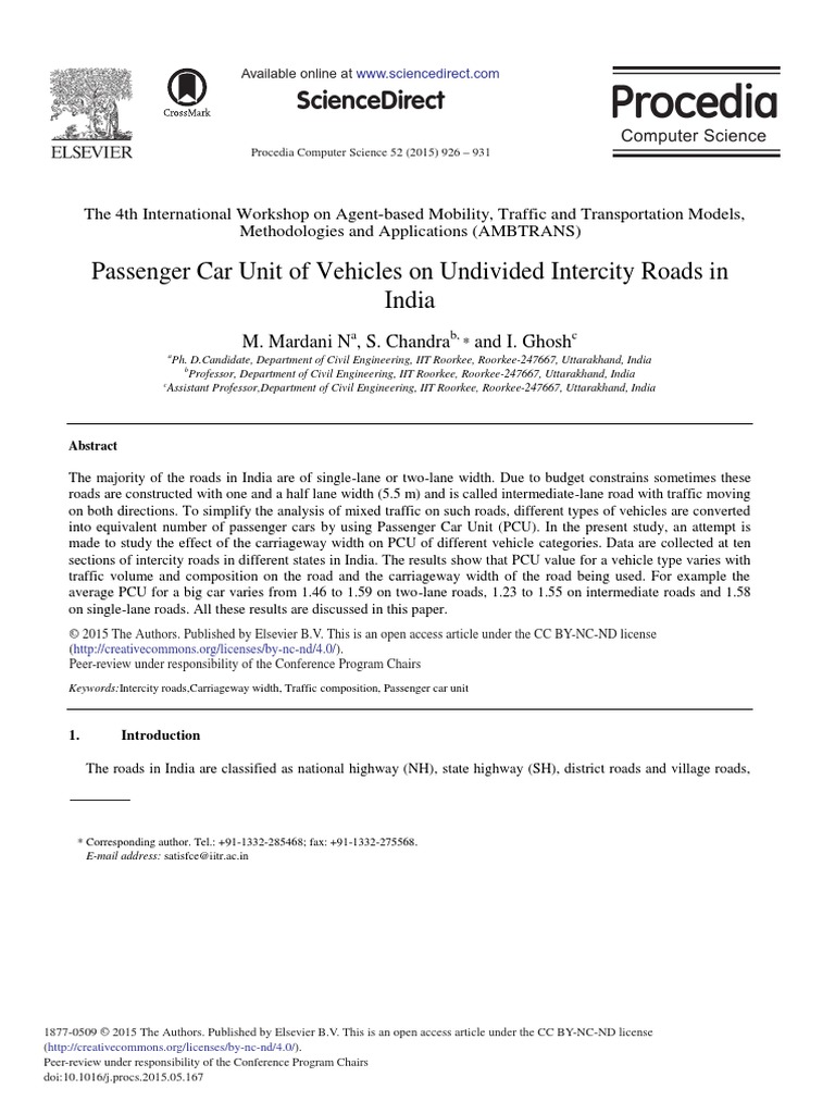 Passenger Car Unit of Vehicles On Undivided Intercity Roads in India ...