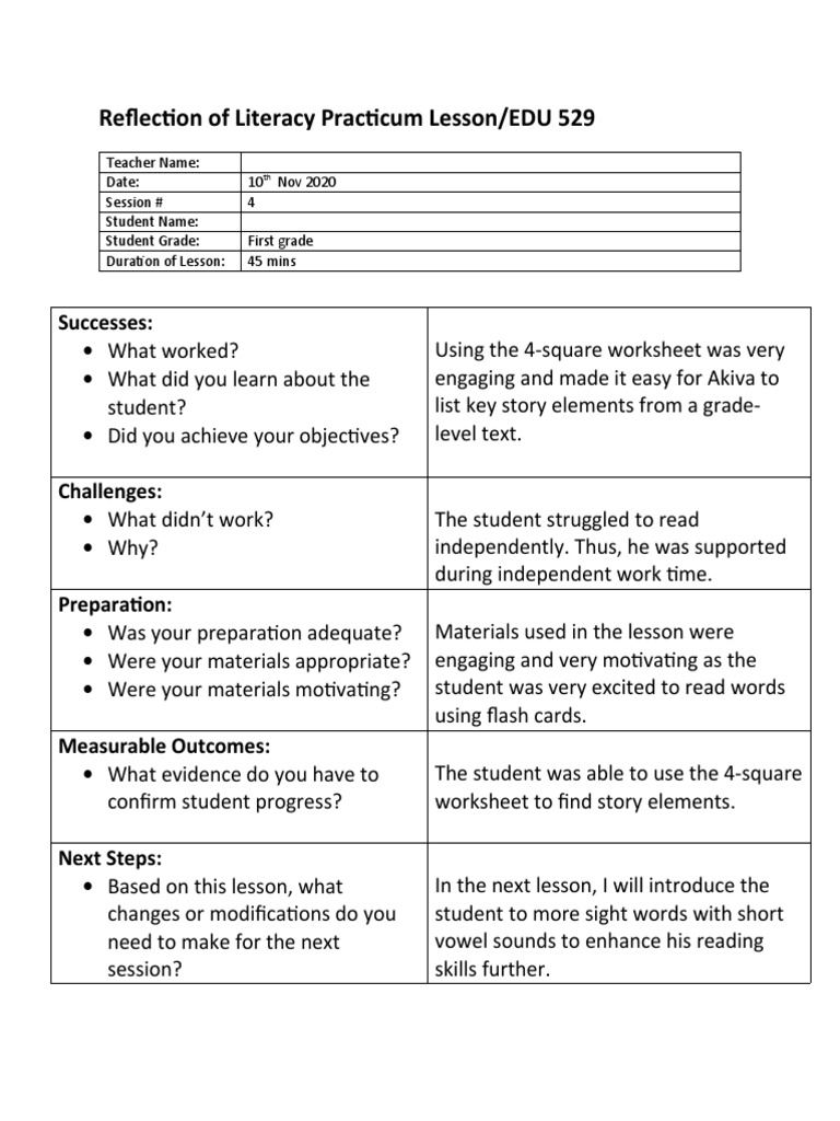 First Grade Literacy Practicum Reflection | PDF | Career & Growth ...