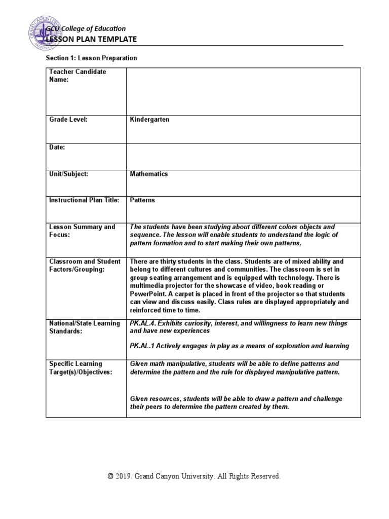 Coe-Lesson-Plan-Template KG Math Patterns | Download Free PDF | Lesson ...