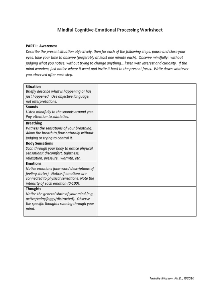 Mindful Cognitive Emotional Processing Worksheet Extended Version | PDF ...