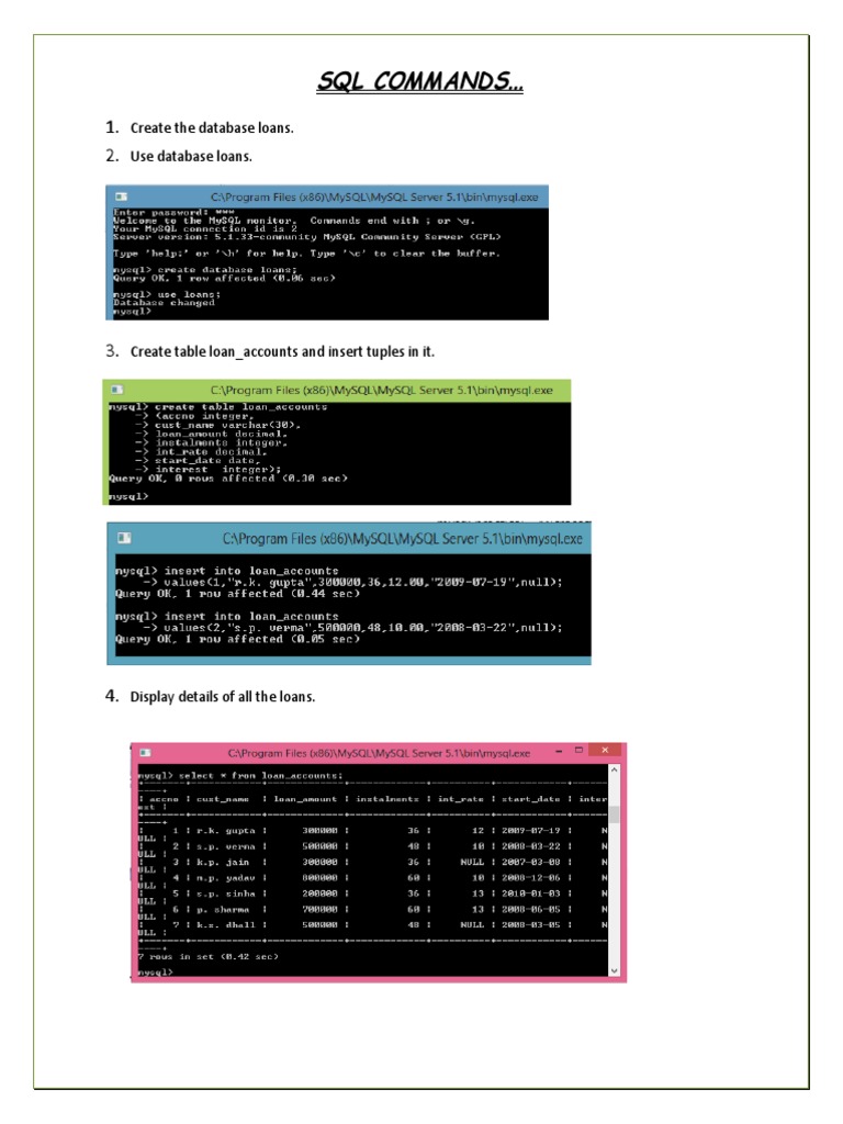 SQL Commands : Create The Database Loans. Use Database Loans | PDF ...