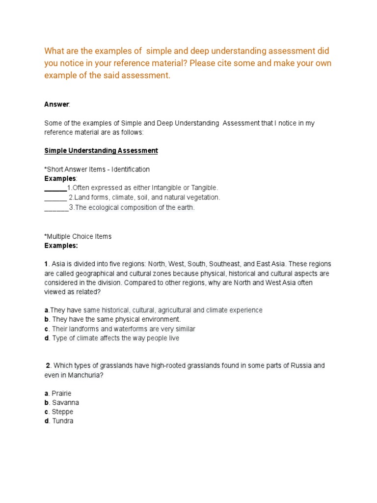 Example of Simple and Deep Understanding Assessment. | PDF | Asia ...