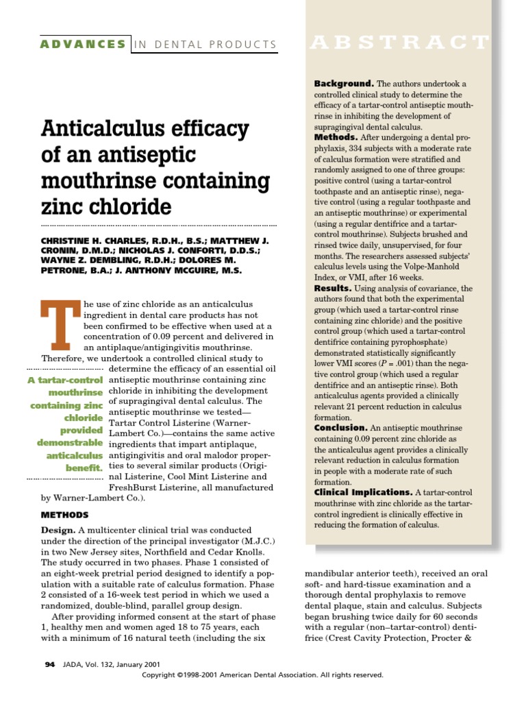 Charles - Anticalculus Efficacy of An Antiseptic Mouthrinse Containing ...