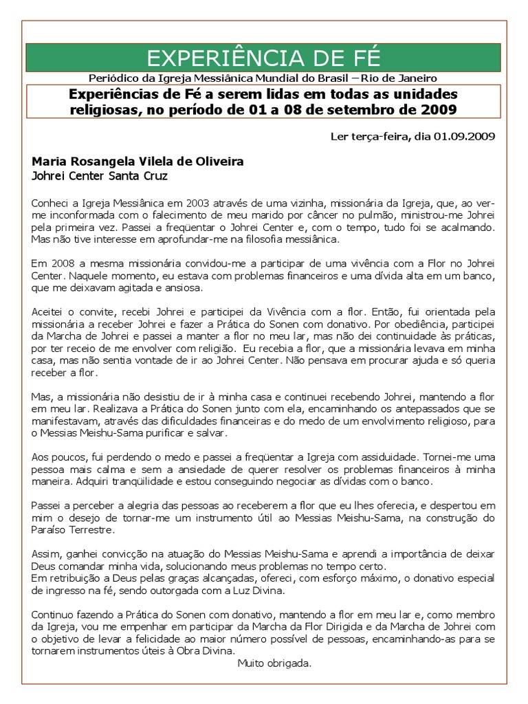 EXPERIÊNCIA DE FÉ de 01 A 08 de Setembro | PDF | Messias | Sobrenatural