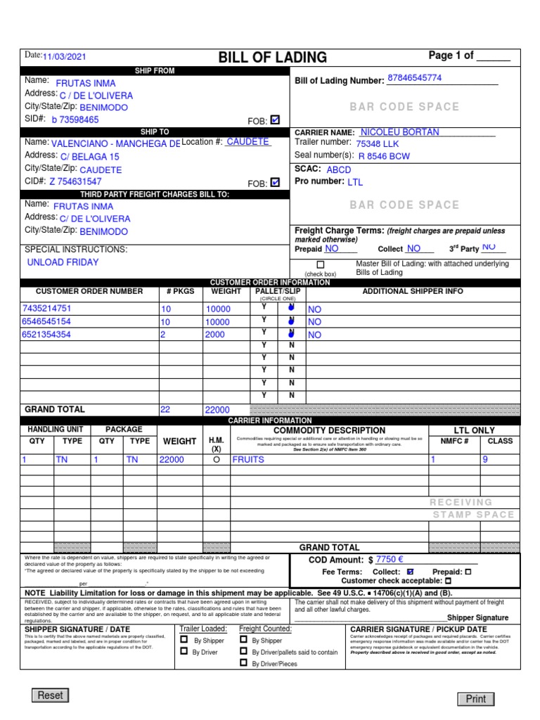 Bill of Lading: Bar Code Space | PDF | Cargo | Freight Transport