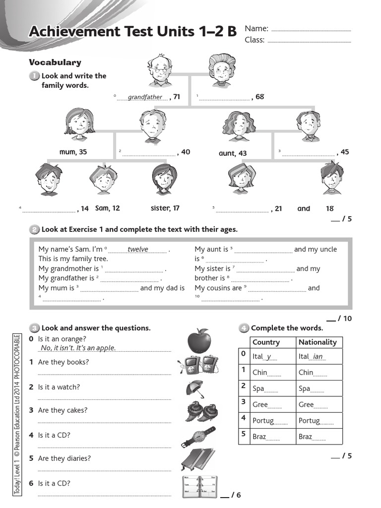 Achievement Test Units 1-2 B: Name: Class: Vocabulary | PDF | Parent ...