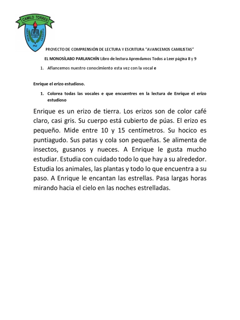 Proyecto De Enrique El Erizo Pdf