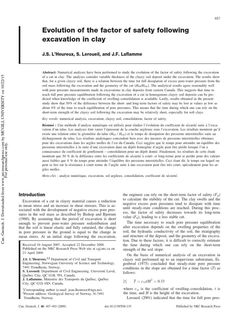 Evolution of The Factor of Safety Following Excavation in Clay | PDF ...