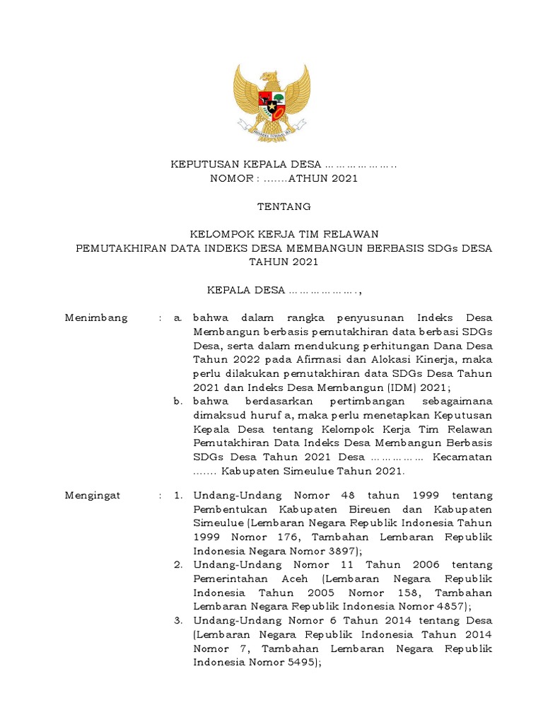 Templet SK Kelompok Kerja Tim Relawan Pendataan Idm Sdgs Desa 2021 | PDF