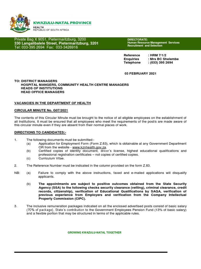 Vacancies in the Department of Health: Circular Minute Advertising ...