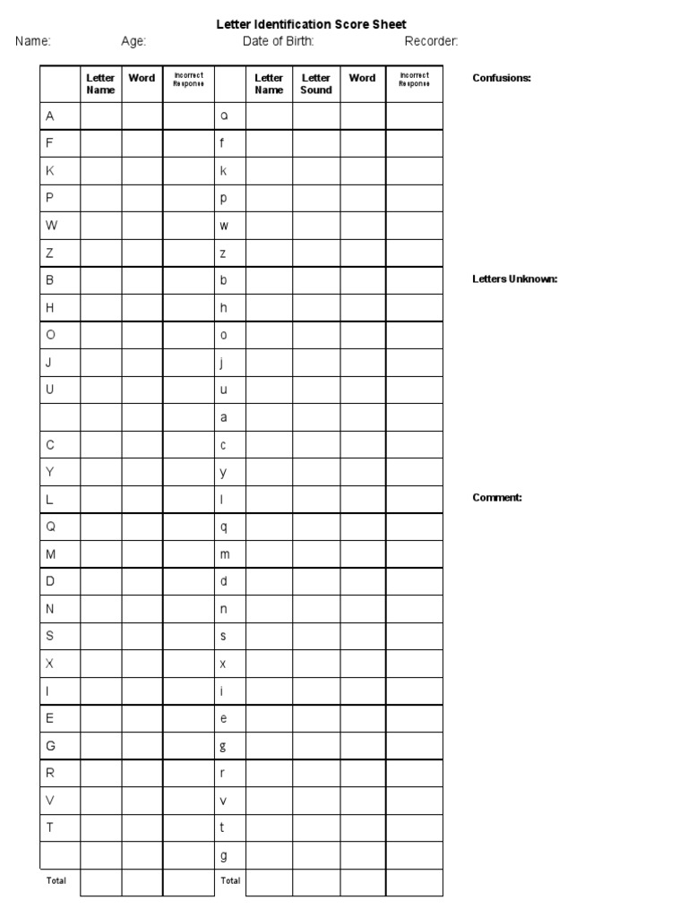 Letter Identification Score Sheet | PDF