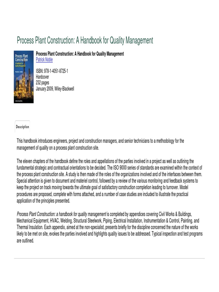 Process Plant Construction: A Handbook For Quality Management | PDF ...
