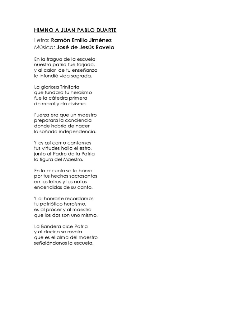 Himno A Juan Pablo Duarte Letra | PDF