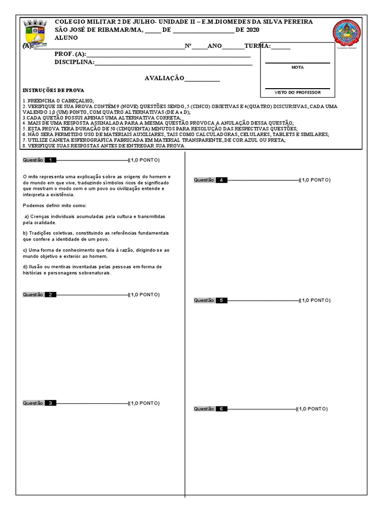 MODELO de PROVA | Download grátis PDF | Cultura (geral)