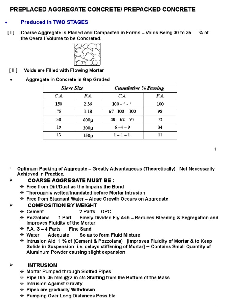 Preplaced Aggregate Concrete/ Prepacked Concrete: Produced in TWO ...