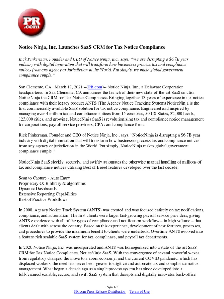 Notice Ninja, Inc. Launches SaaS CRM For Tax Notice Compliance | PDF ...