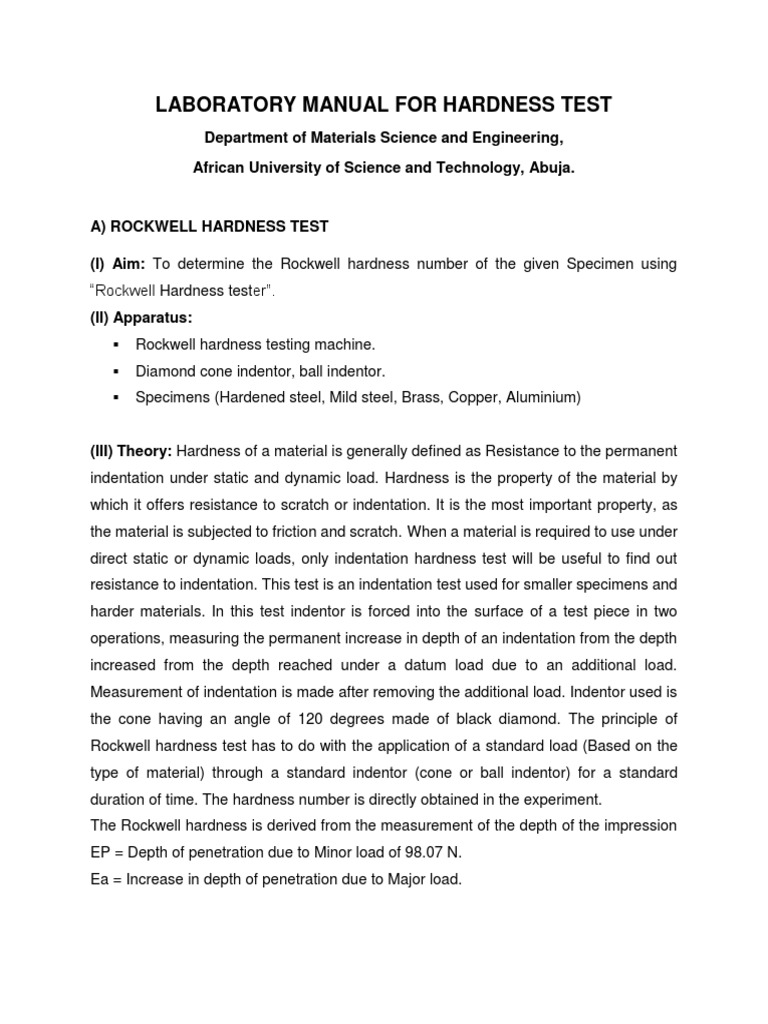 Hardness Testing Laboratory Manual | PDF
