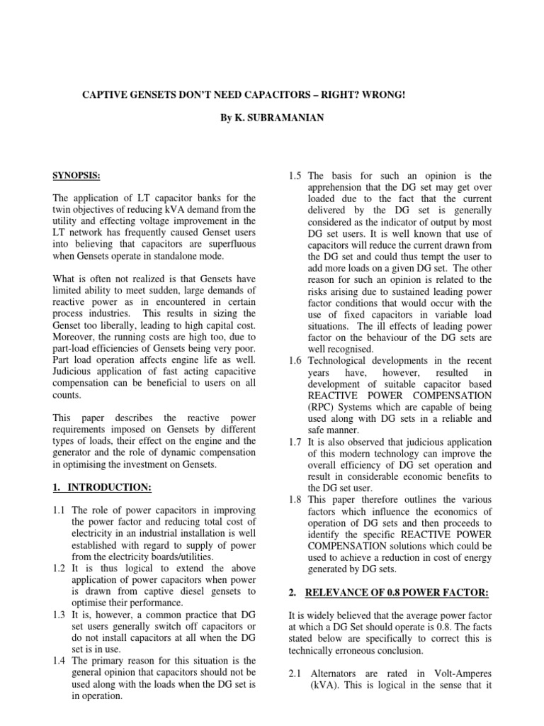 Optimizing DG Set Performance with Capacitors | PDF | Ac Power | Capacitor