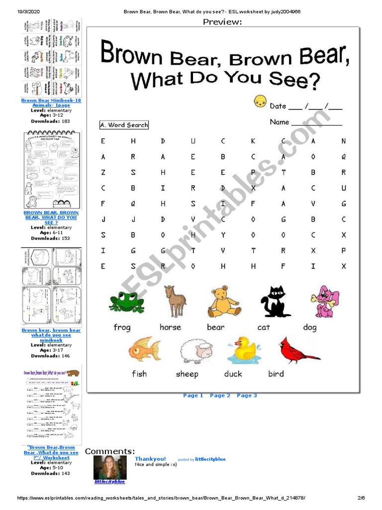 Brown Bear, Brown Bear, What Do You See - ESL Worksheet by Judy2004966 ...